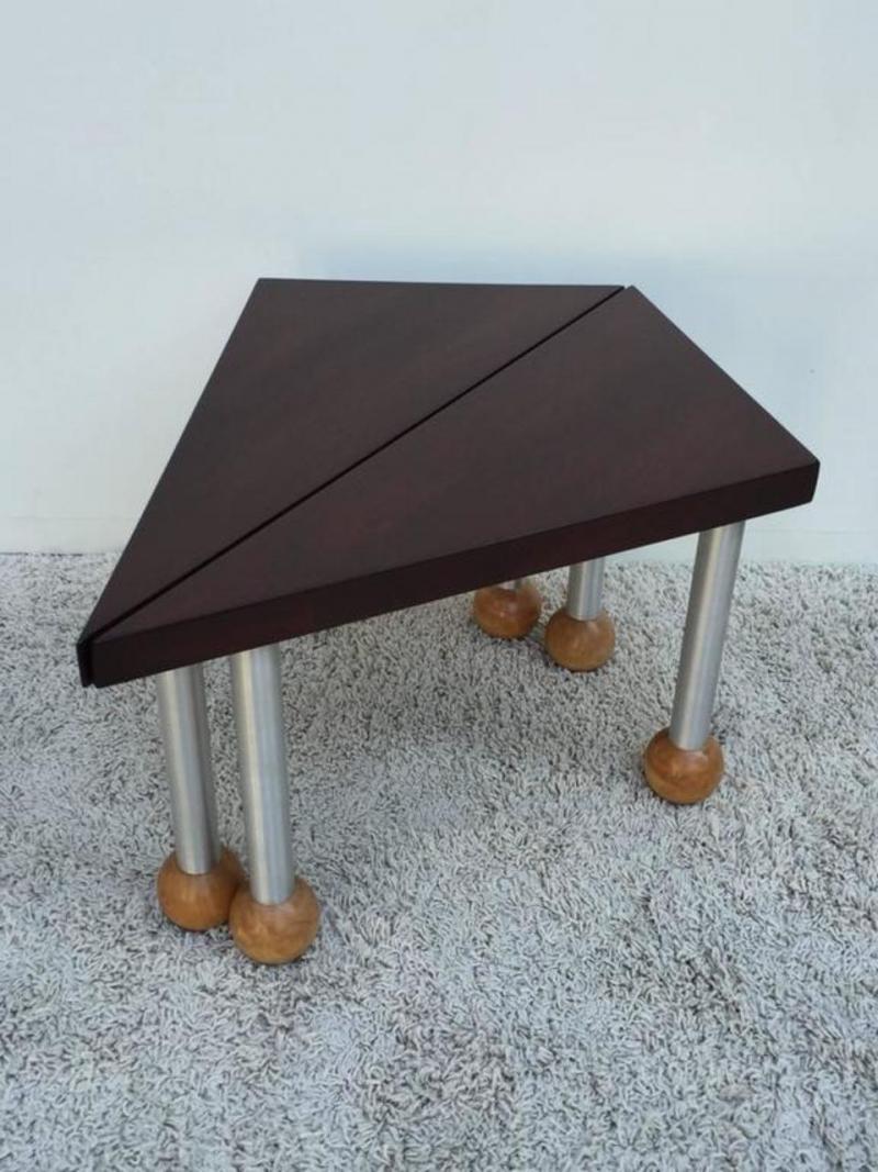 Russel Wright - Pair Triangular Tables Spun Aluminum Legs Blonde Mahogany Ball Feet