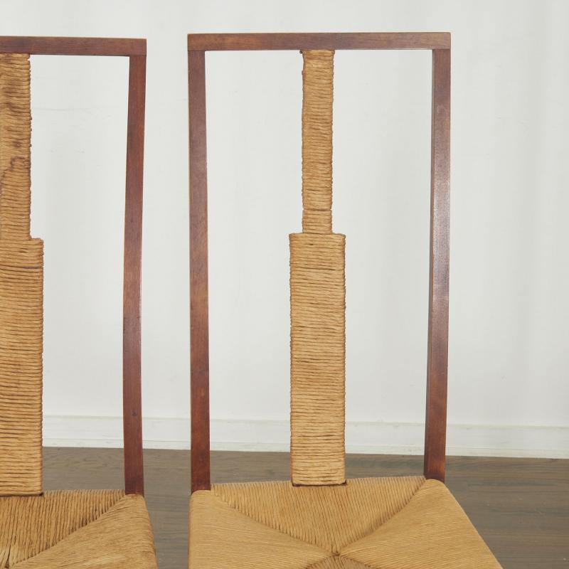 SET OF FOUR MID CENTURY MODERN ITALIAN WALNUT AND PAPER CORD CHAIRS