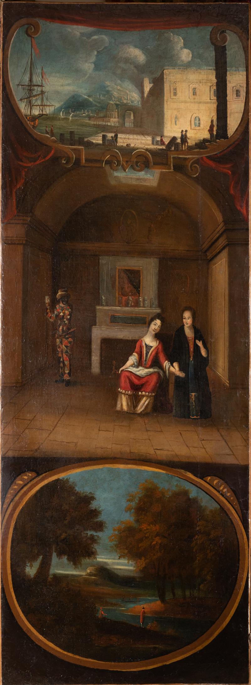 SET OF SIX EUROPEAN PANELS DEPICTING SCENES FROM THE 'COMMEDIA DELL'ARTE'