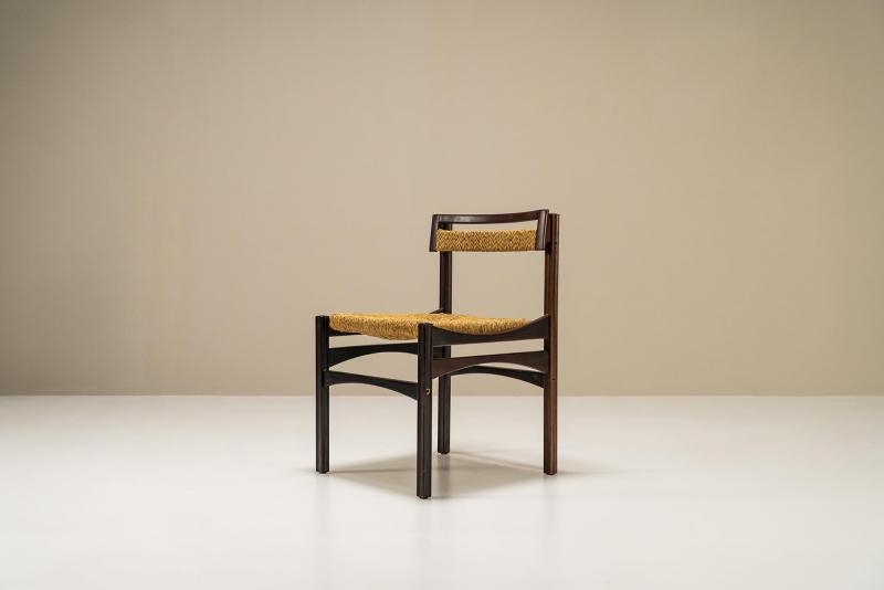 Set Of Six Italian Dining Chairs In Rosewood And Wicker, Italy 1970s