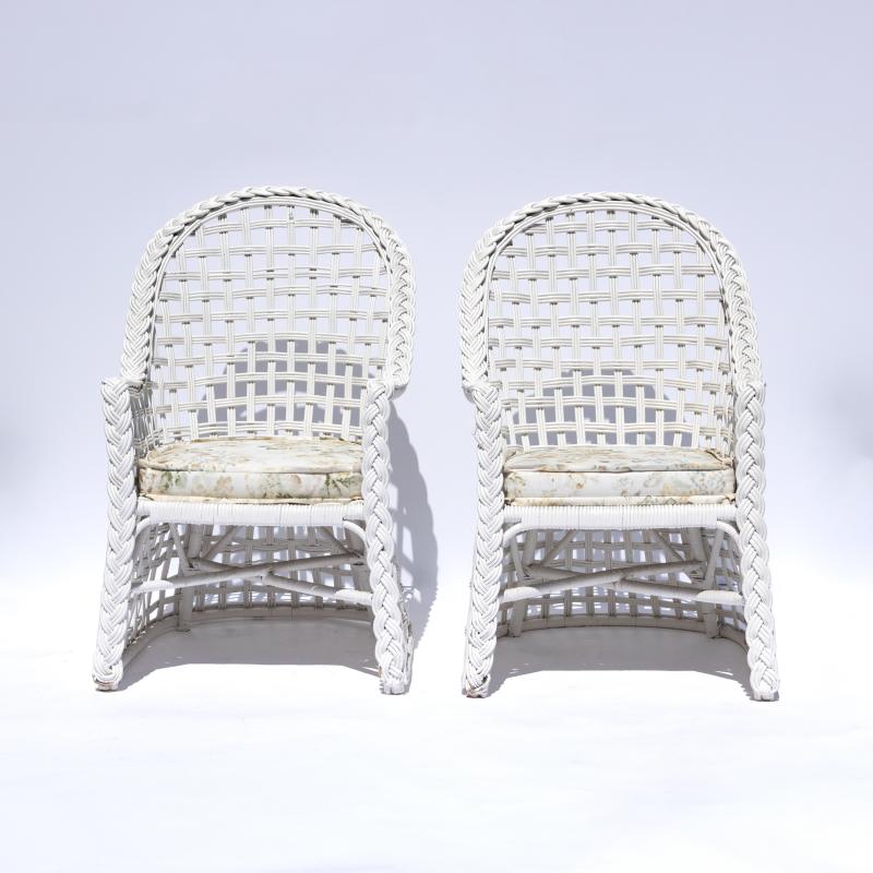 Six White Painted Vintage Wicker Works Barrel-Back Dining Chairs, Circa ...