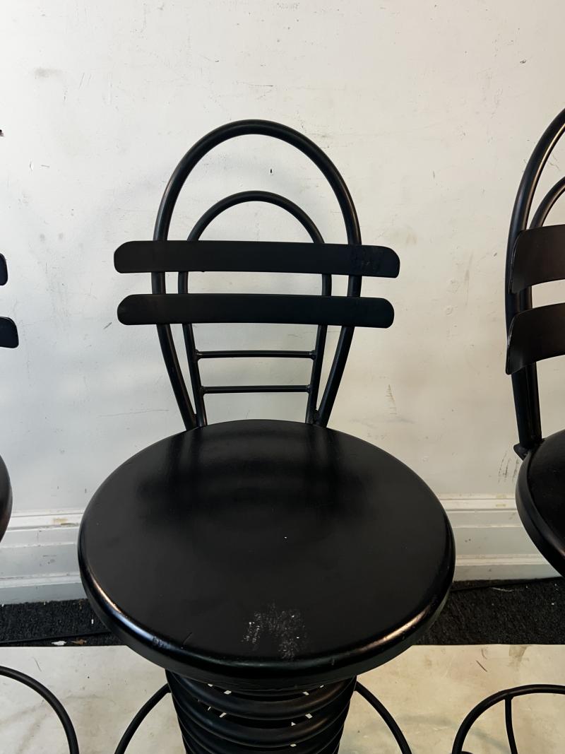 TRIO OF SCULPTURAL BLACK METAL AND WOOD POST MODERN BAR STOOLS