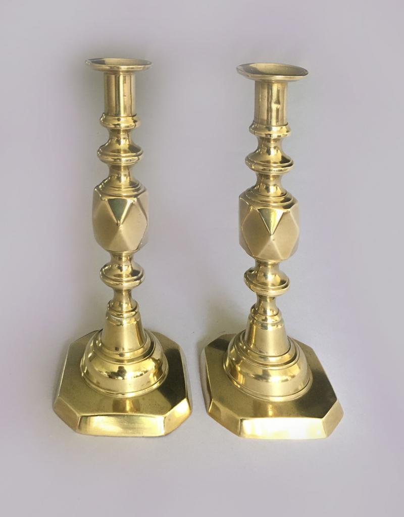The King of Diamonds Brass Candlesticks, a Pair