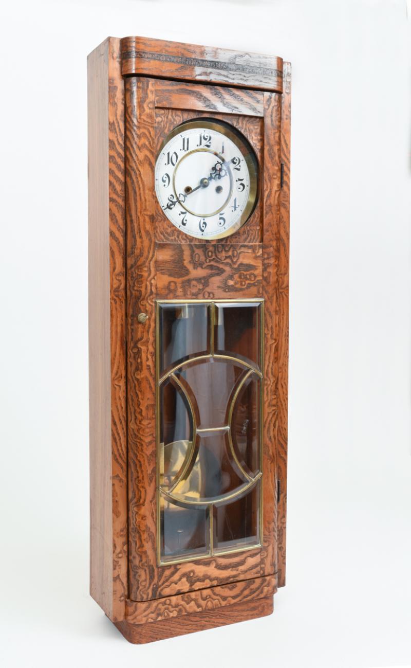 Tiger Oak Case Beveled Glass Trimmed Brass Wall Clock