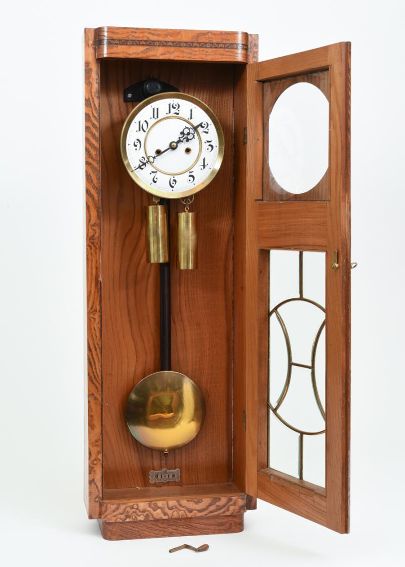 Tiger Oak Case Beveled Glass Trimmed Brass Wall Clock