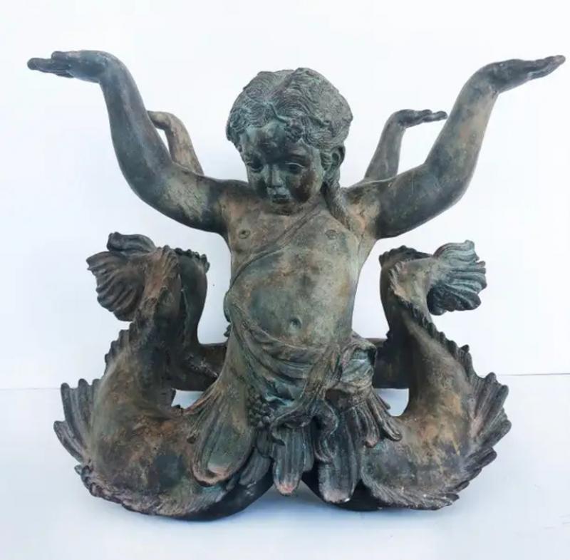 Vintage Bronze Mythical Cherub Creatures Coffee Table with Glass Top