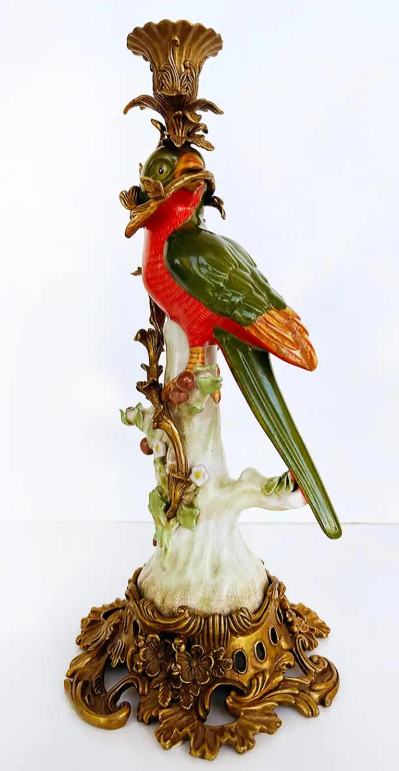 Vintage Bronze Painted Porcelain Exotic Bird Candlesticks, Pair