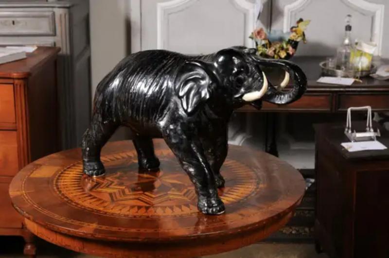 Vintage Italian Black Glazed Ceramic Sculpture of a Walking Elephant ...