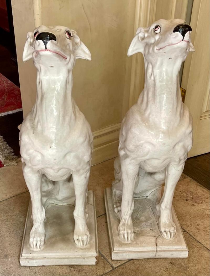Vintage Italian Majolica Pottery Whippet Dog Sculptures - a Pair