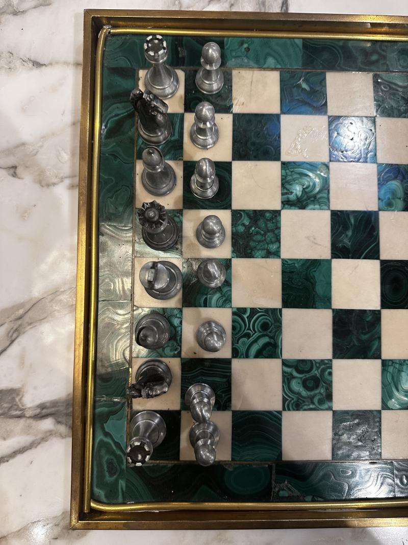 Vintage Italian Malachite Large Chess Set with Meta Pieces 1960s
