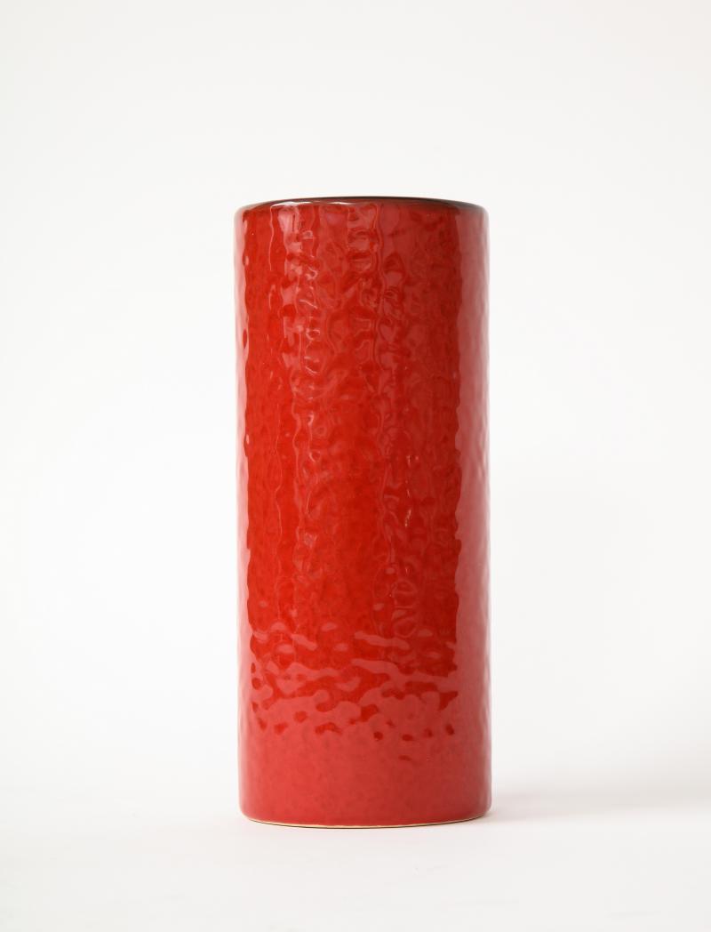 Vintage Red Ceramic Cylinder Vase with Glazed Black Interior