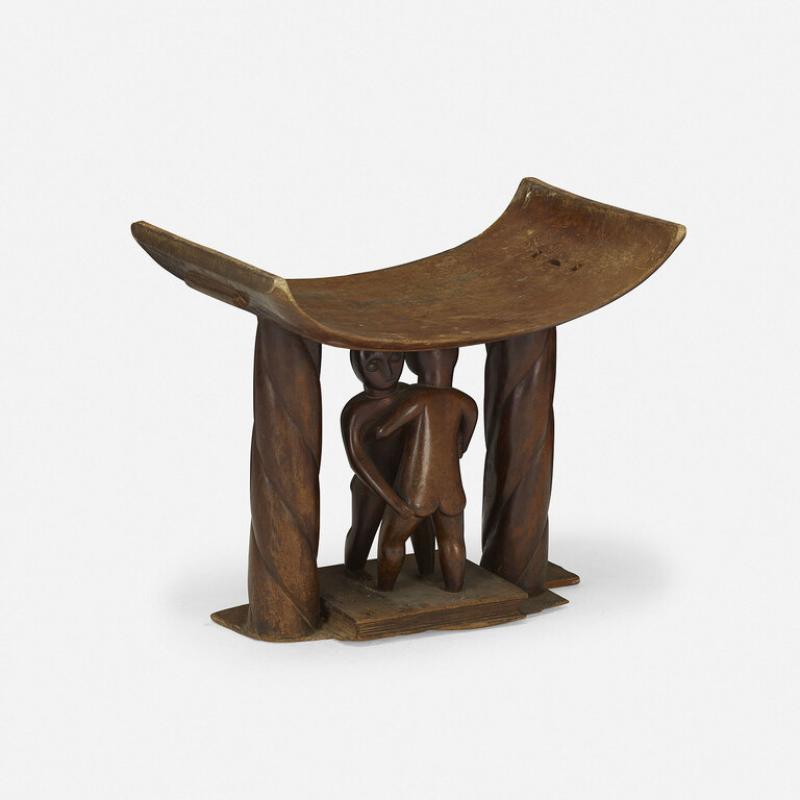 WOODEN CARVED AKAN STOOL WITH WRESTLERS