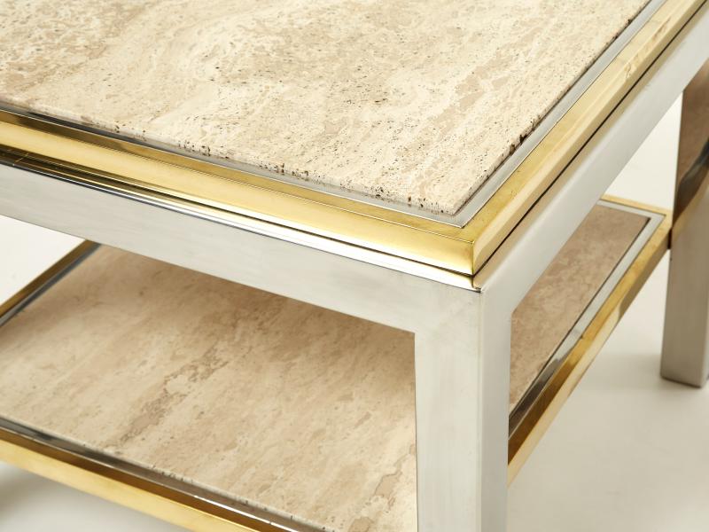 Willy Rizzo - Two-Tier brass chrome travertine end table Willy Rizzo ...