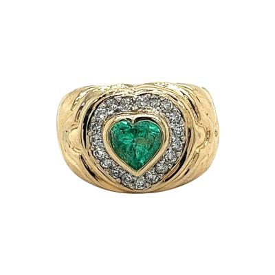 14k Solid Gold Heart Shape Emerald and Diamond Pinky Ring