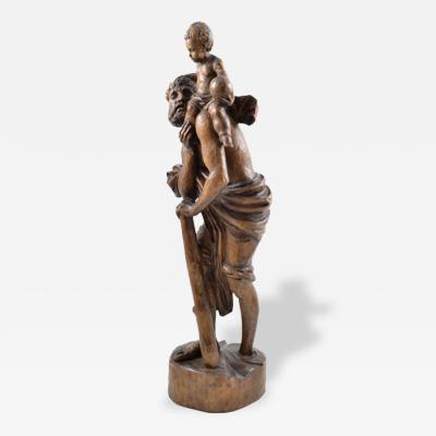 19th/20th C. Wood Statue of St. Christopher & Baby Jesus, Signed D. Neu