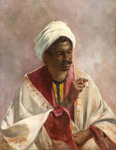 Orientalist / Orientalism - A Ferres, Portrait of a Moorish Man Smoking ...
