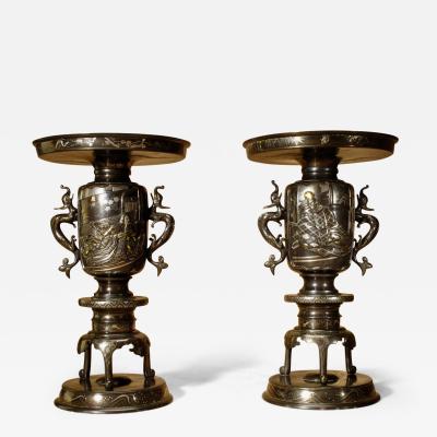 A very decorative pair of impressive Oriental bronze inlaid vases