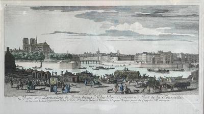 Antique 18th C Hand Colored Framed Print of Notre Dame by J. Rigaud