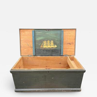 Antique American Folk Art Nautical Trunk W Ship Painting