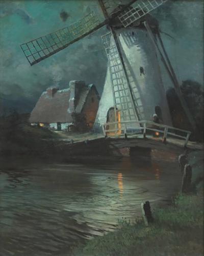 George Aldrich - George Ames Aldrich Windmill and Figures in Moonlight ...