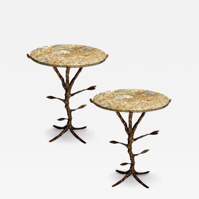 Giacometti Style, Modern Branch Side Tables, Hammered Bronze, Marble