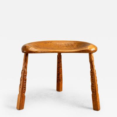 Hand Carved Viking Style Tripod Stool in Solid Beech, Denmark, 1900s