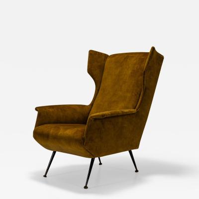 Italian Wingback Lounge Chair In Ocher And Metal, Italy 1950's