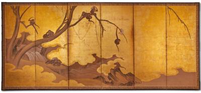 Japanese Six Panel Screen: Monkeys on Gold