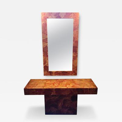 MCM Gold Leave Design Decoupage Painted Console Vanity with Matching Mirror