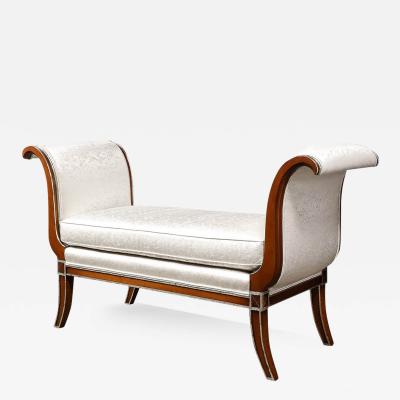 Modernist Scroll Form Bench in Walnut With Silver Naturalist Upholstery