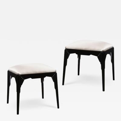 Pair of Art Deco Skyscraper Style Black Lacquer Stool in White Gold Silk