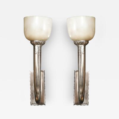 Pair of Art Deco Skyscraper Style Silvered Bronze and Alabaster Sconces