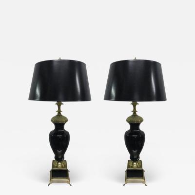 Pair of Black Opaline and Brass Lamps