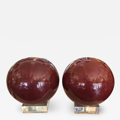 Pair of Huge Red Balls Modern Art Sculptures Lucite Bases