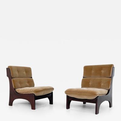 Pair of Mid Century Modern Teak & Velvet Low Chairs