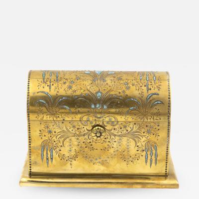 Rare Solid Brass Stationery Box Inlaid With Turquoise And Garnets