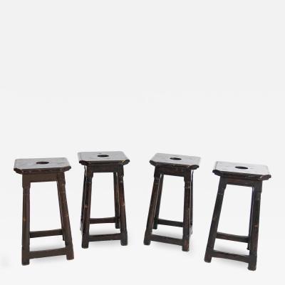 Set Of Four Rustic Oak Joinery Work Stools With Turned Legs, English ...