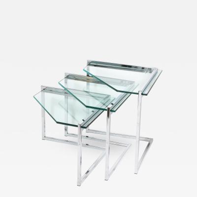 Set of Three Mid-Century Modern Geometric Chrome and Glass Chevron Form ...