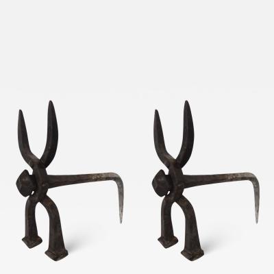 Surreal Bull Figure Andirons in Wrought Iron