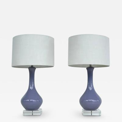 Vintage Modern Ceramic Table Lamps on Square Lucite Bases, Pair