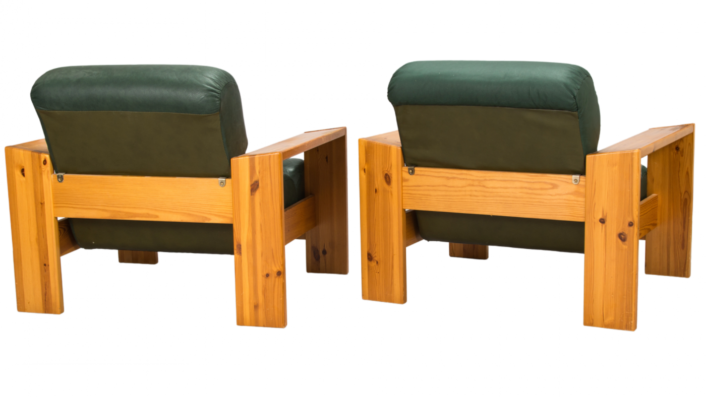 Asko - 1970s Pinewood & Green Leather Lounge Chairs
