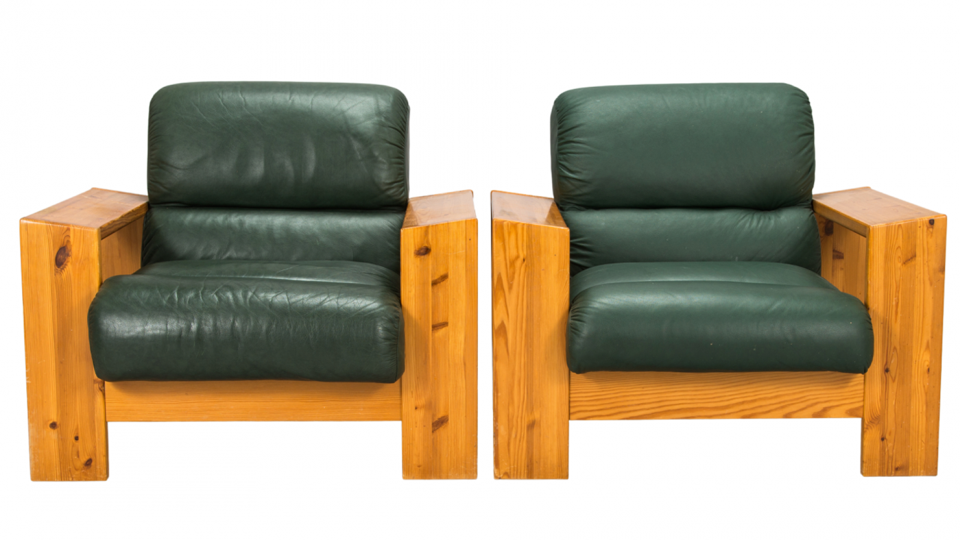 Asko - 1970s Pinewood & Green Leather Lounge Chairs