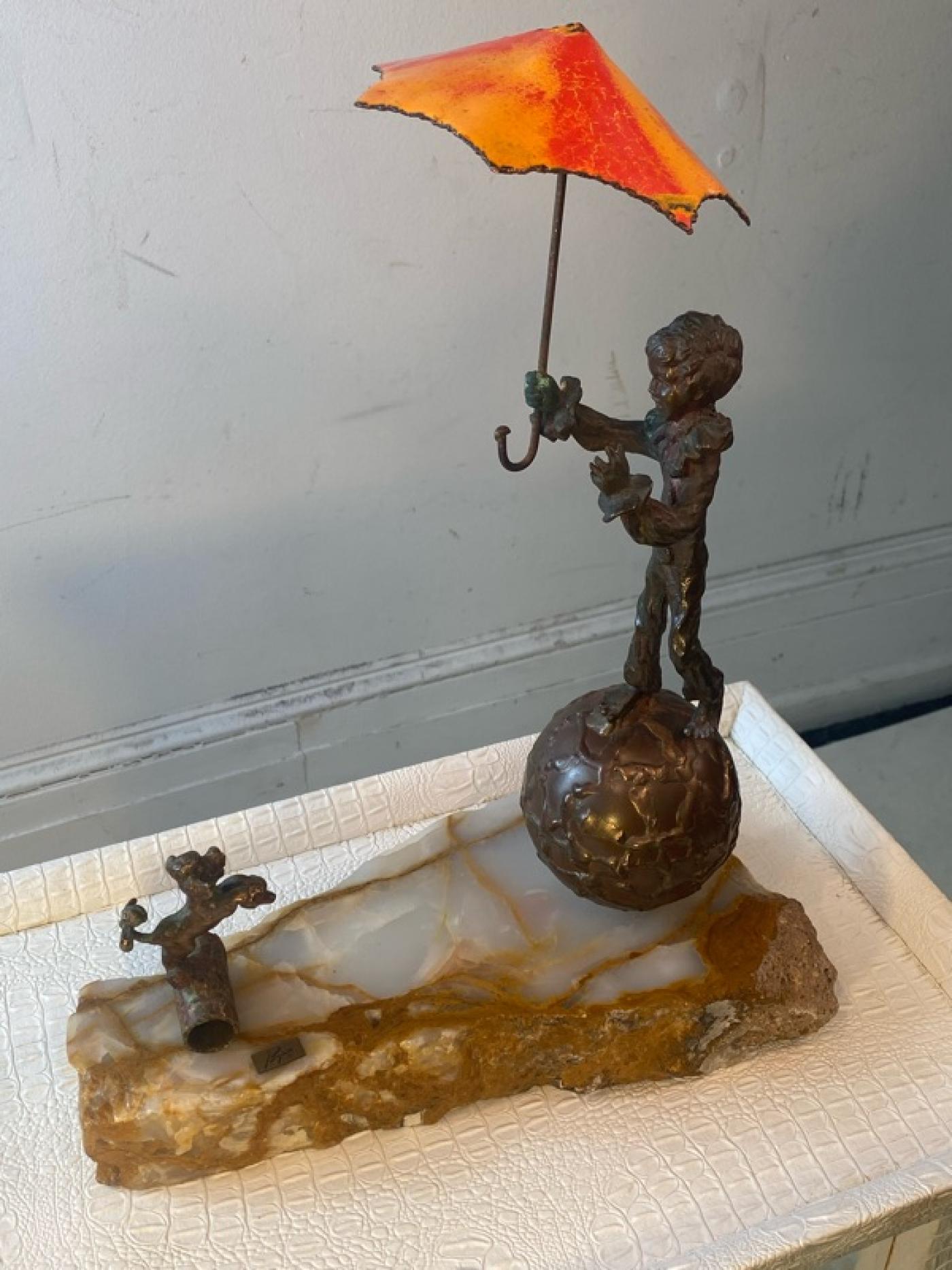 Bijan - MODERN BRONZE AND ONYX PIERROT WITH UMBRELLA AND POODLE ...