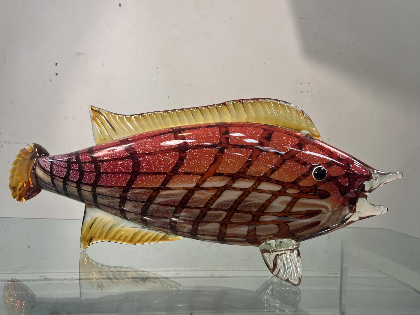 C.R.C. Murano - MID CENTURY VIBRANT RED AND GOLD STRIPED MURANO GLASS FISH