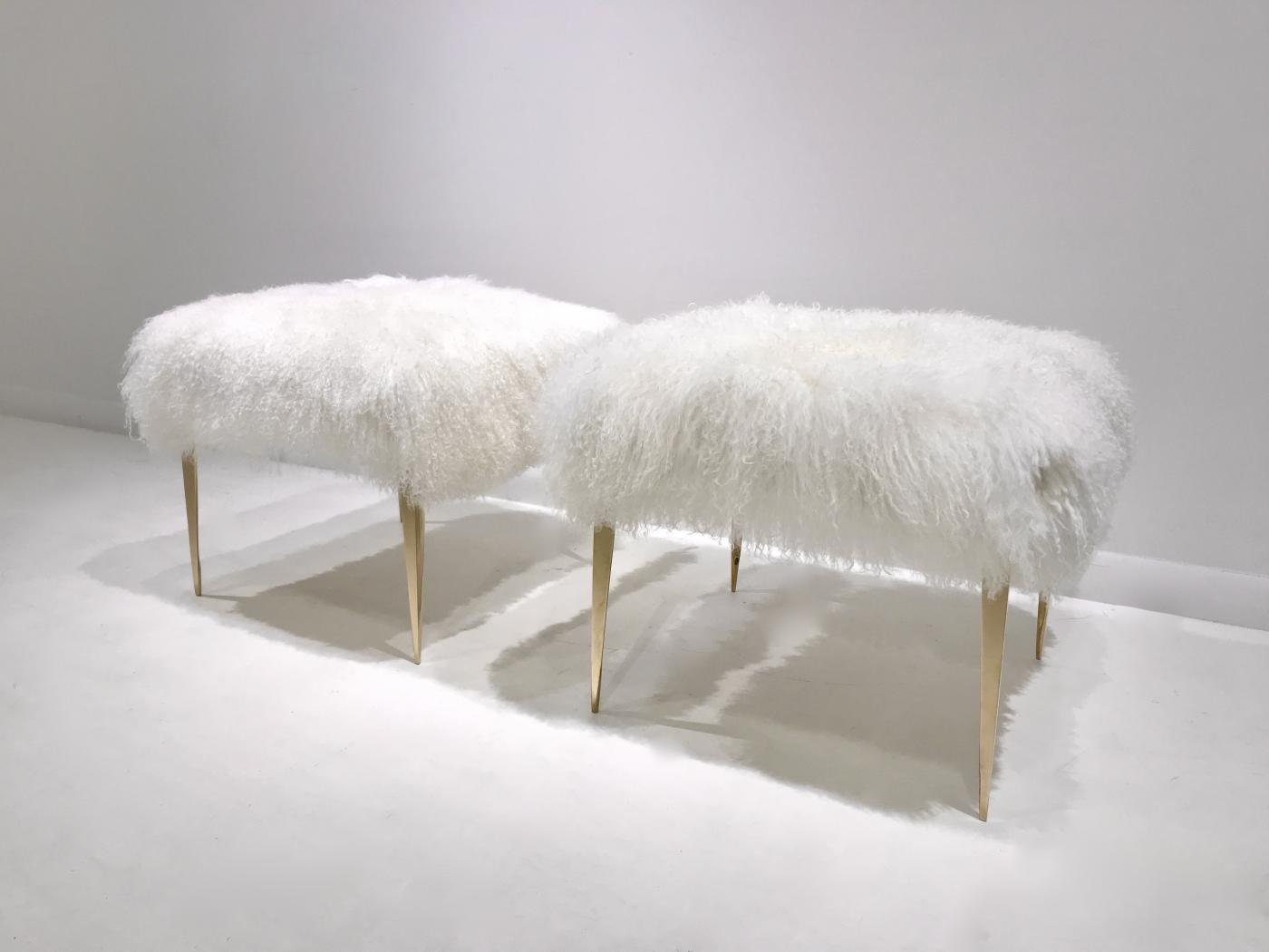 Irwin Feld Design - PAIR OF STILETTO LEG MONGOLIAN LAMB OTTOMANS