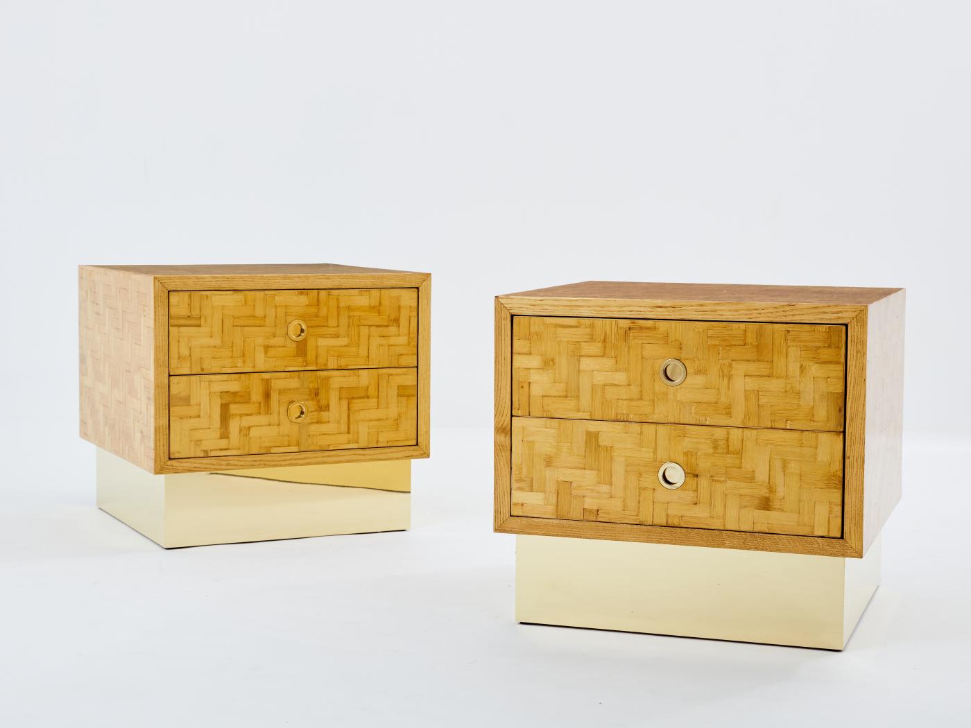 Dal Vera - Italian Dal Vera bamboo marquetry and brass bedside tables 1970s