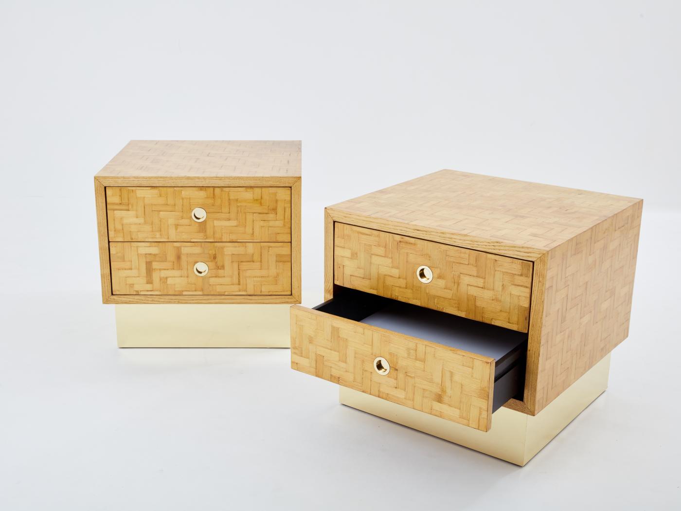 Dal Vera - Italian Dal Vera bamboo marquetry and brass bedside tables 1970s