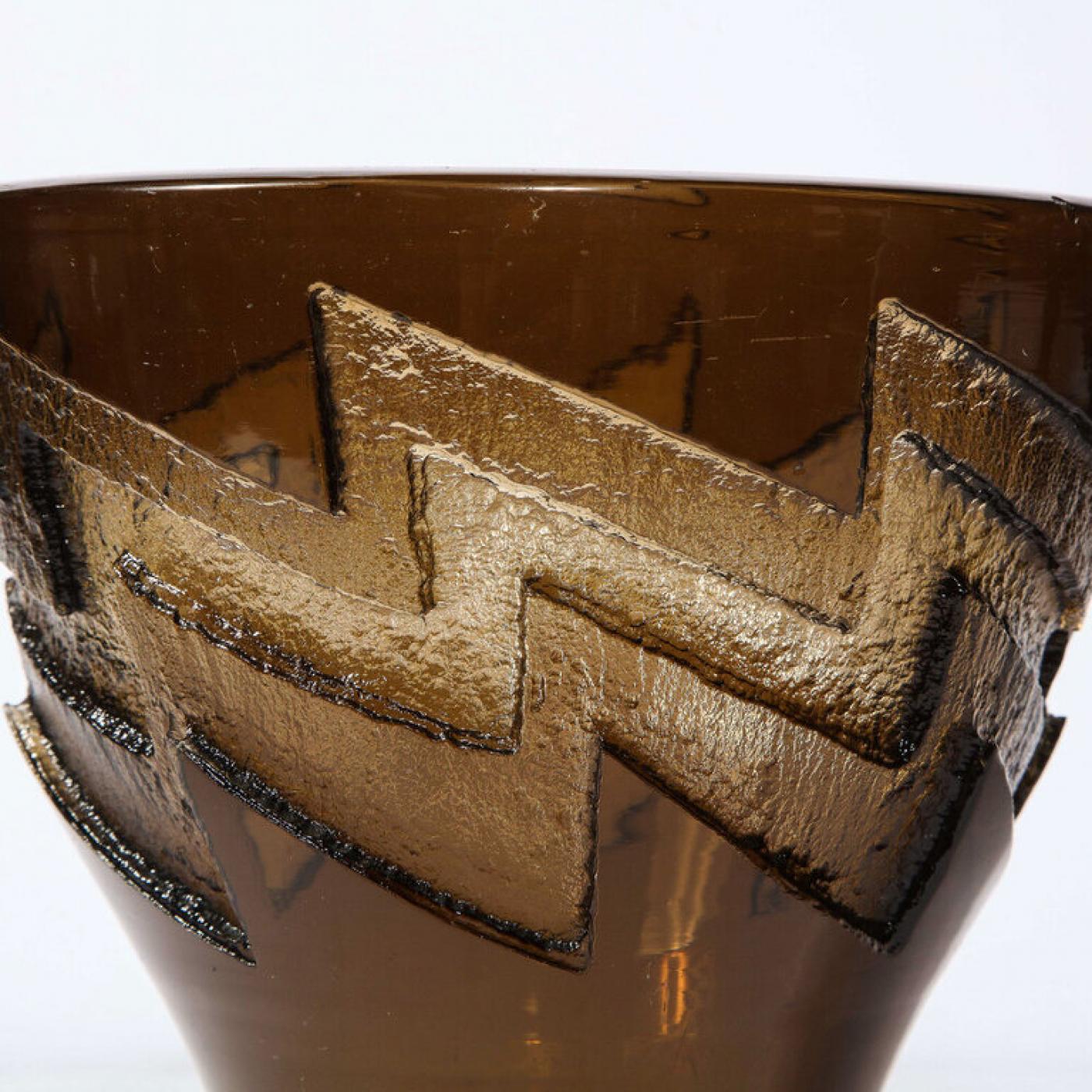 Daum / Daum Nancy - Art Deco Smoked Acid Etched Glass Vase with Zig Zag Motif Signed Daum Nancy