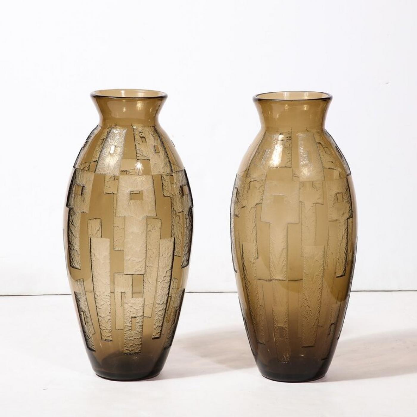 Daum / Daum Nancy - Pair of Art Deco Totem Form Vases in Acid Etched Smoked Geometric Glass by Daum