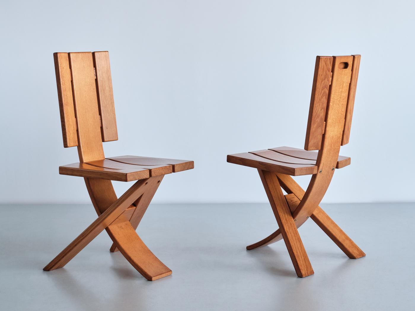 Ebénisterie Seltz - Sculptural Set of Four Ebénisterie Seltz Dining Chairs in Oak, France, 1970s